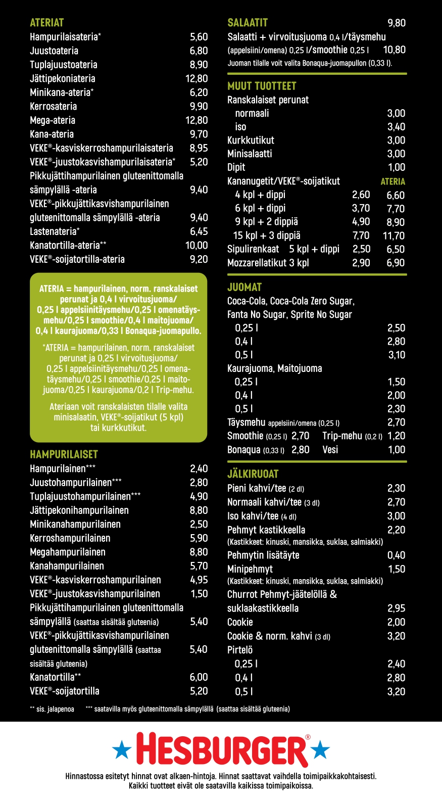 Hesburger Menu Hinnasto June 2026 - Prices in English | Finland Food Menu
