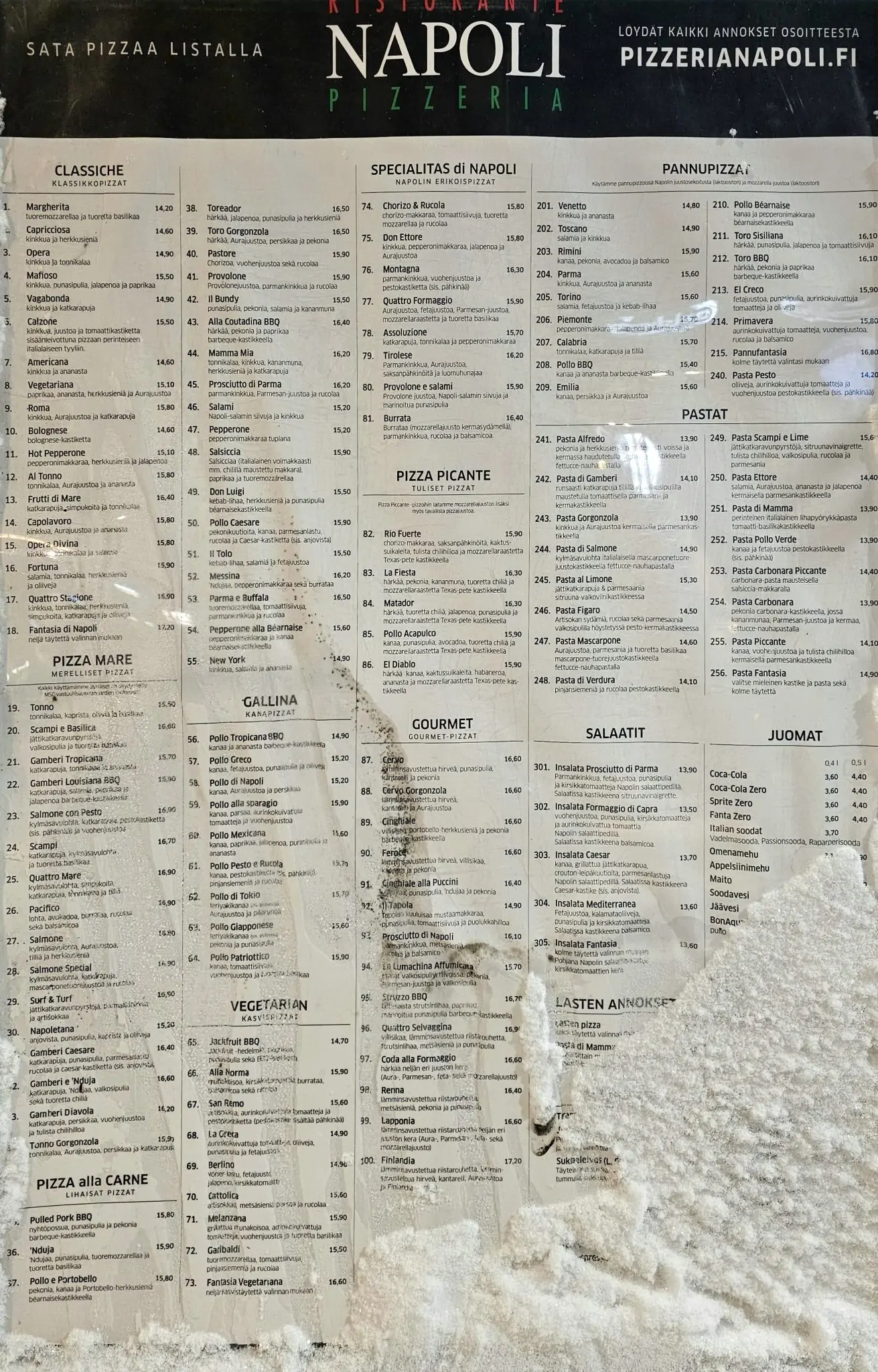 Pizzeria Napoli Tampere Menu Prices October 2025 | Finland Food Menu